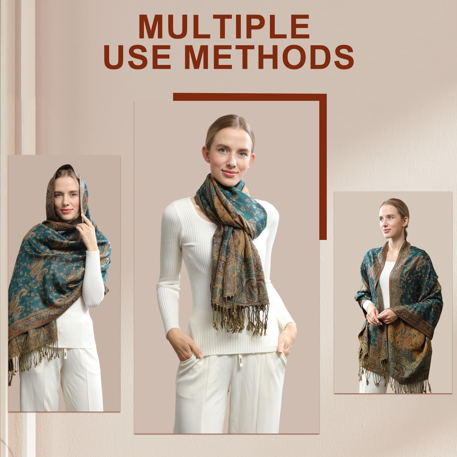 MAOZAN Soft Silky Reversible Paisley Pashmina Shawl Wrap Scarf w/Fringes