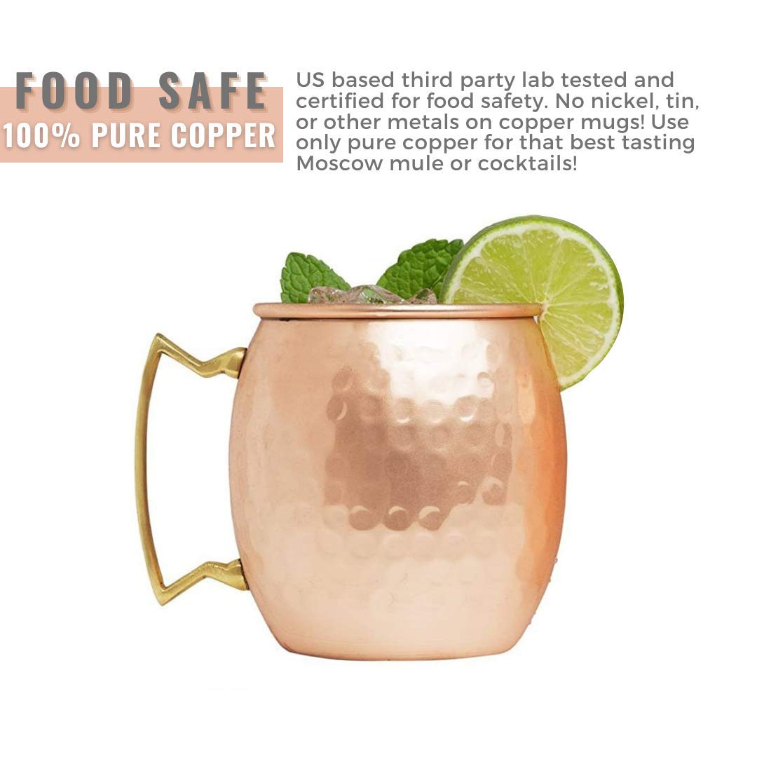 Kitchen Science [Gift Set] Moscow Mule Copper Mugs Set of 6 (16oz) w/Straws & Jigger | 100% Pure Copper Cups, Tarnish-Resistant Food Grade Lacquered Finish, Ergonomic Handle (No Rivet) w/Solid Grip