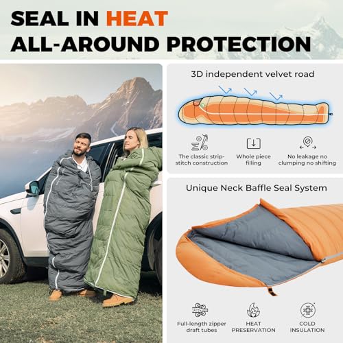 KingCamp Ultralight Down Sleeping Bag, 650 FP Compact Cold Weather 3-4 Season Sleeping Bag for Adults 10°F, Backpacking, Camping, Hiking, Traveling with Compression Sack