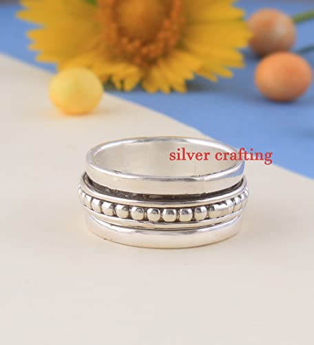 Hammered Solid 925 Sterling Silver Spinner Ring For Women - Designer Handmade Meditation Ring For Wedding - (8.5)