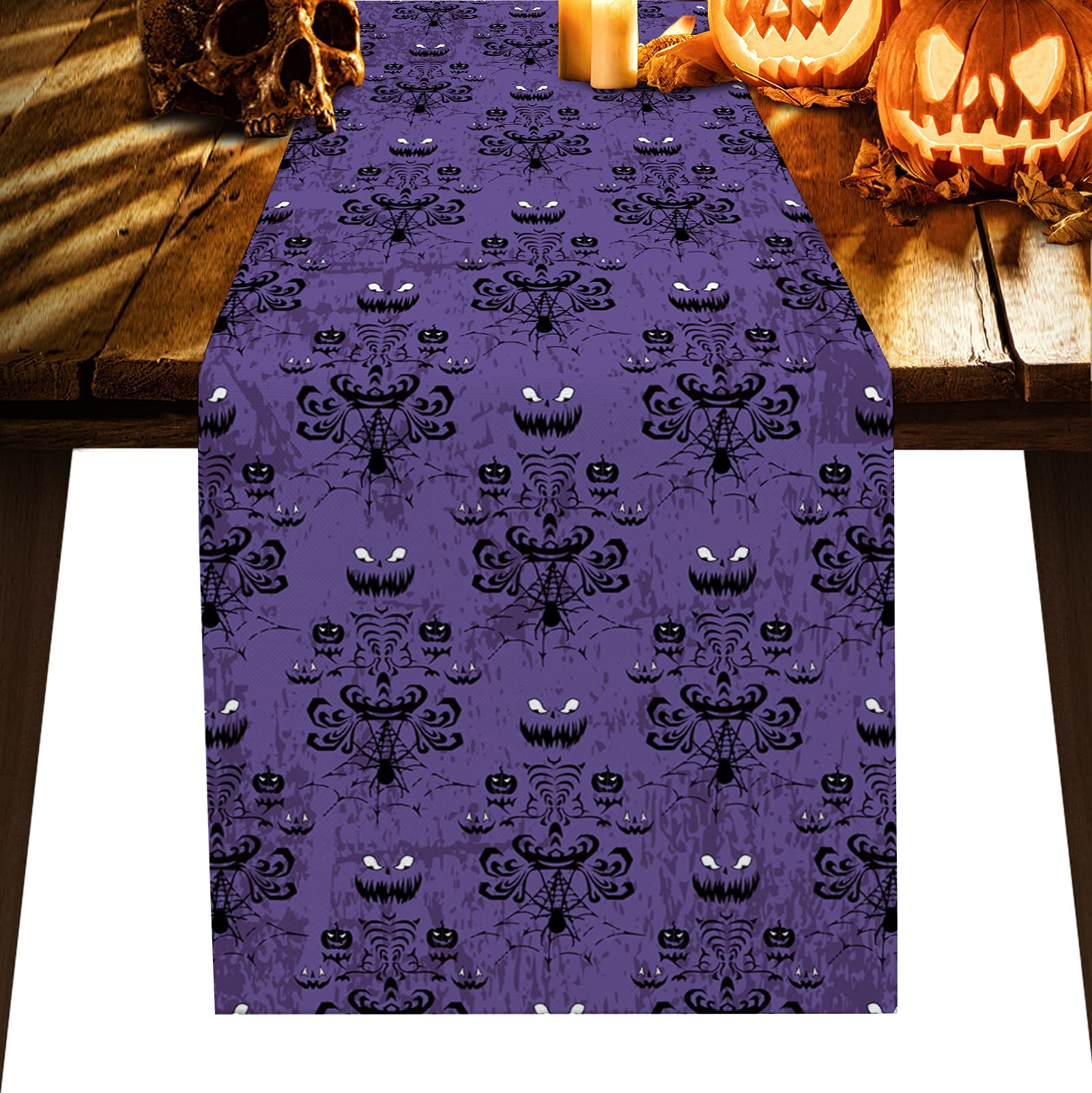 Halloween Table Runner for Dining Table Coffee Table Home Kitchen Decorative Haunted Ghost House Mansion Spider Cotton Line Table Linens for Indoor Outdoor Party/Holiday/Wedding/Gathering13x70inch