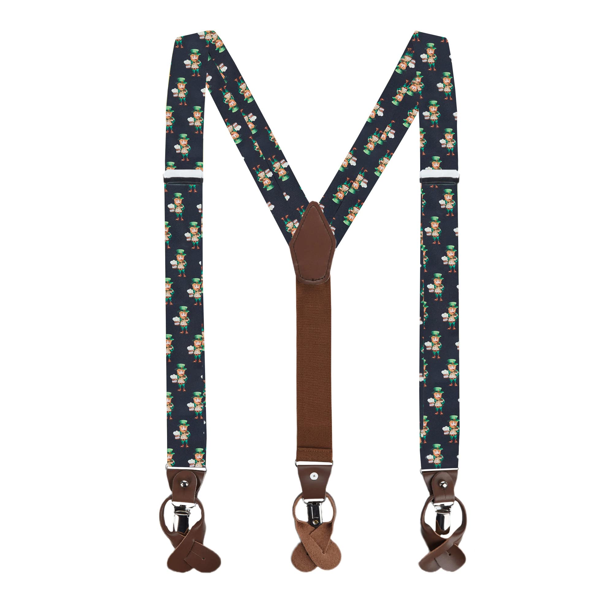 Jacob Alexander Men's Happy Saint Patrick's Day Leprechaun Holding Drinks Pattern Suspenders - Dark Green