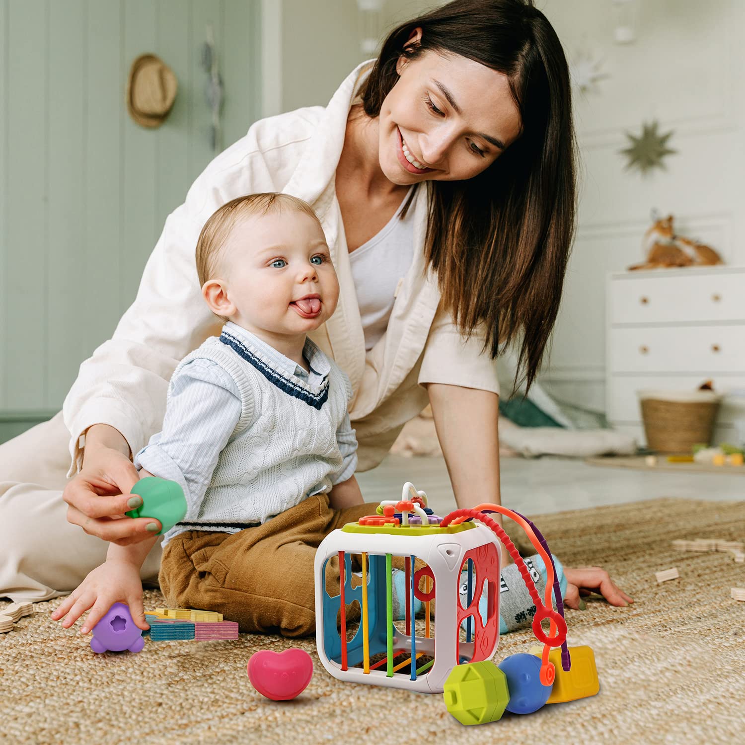 Manzelun Activity Cube for Baby,Montessori Toys for 18 Months+,Sensory Pull String Shape Sorter Baby Toys,Baby Gift
