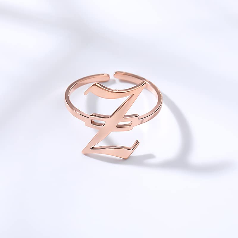 LOYJOY Letter Rings For Women Old English Font Ring A-Z Letter Gold Adjustable Opening Initial Ring - A - Platinum Plated - Resizable