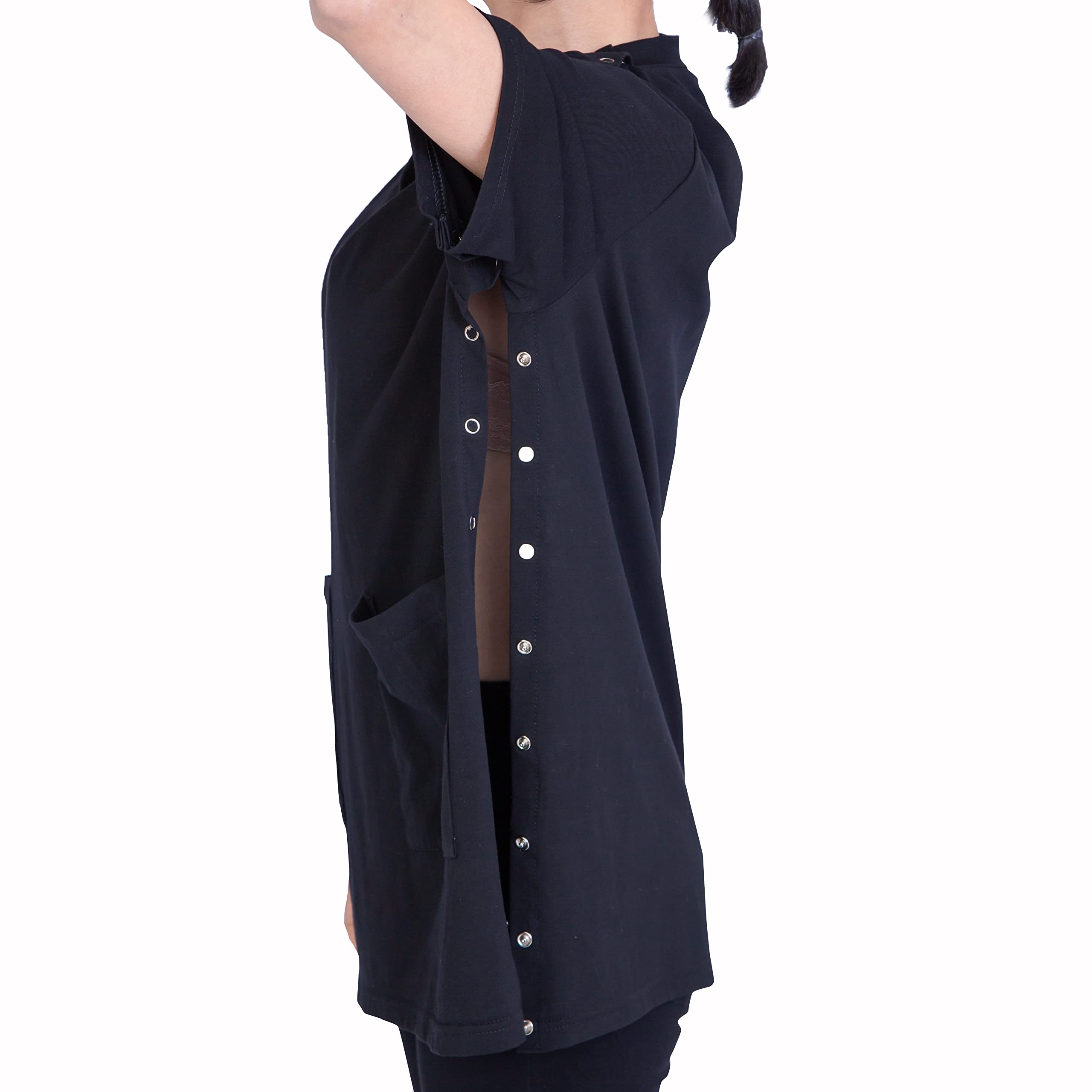 Jacobable 2 pockets Uni-Sex Post Shoulder Surgery Shirt & Rehab Shirt with Stick On Fasteners, convenient and quick (XX-Large, Black)