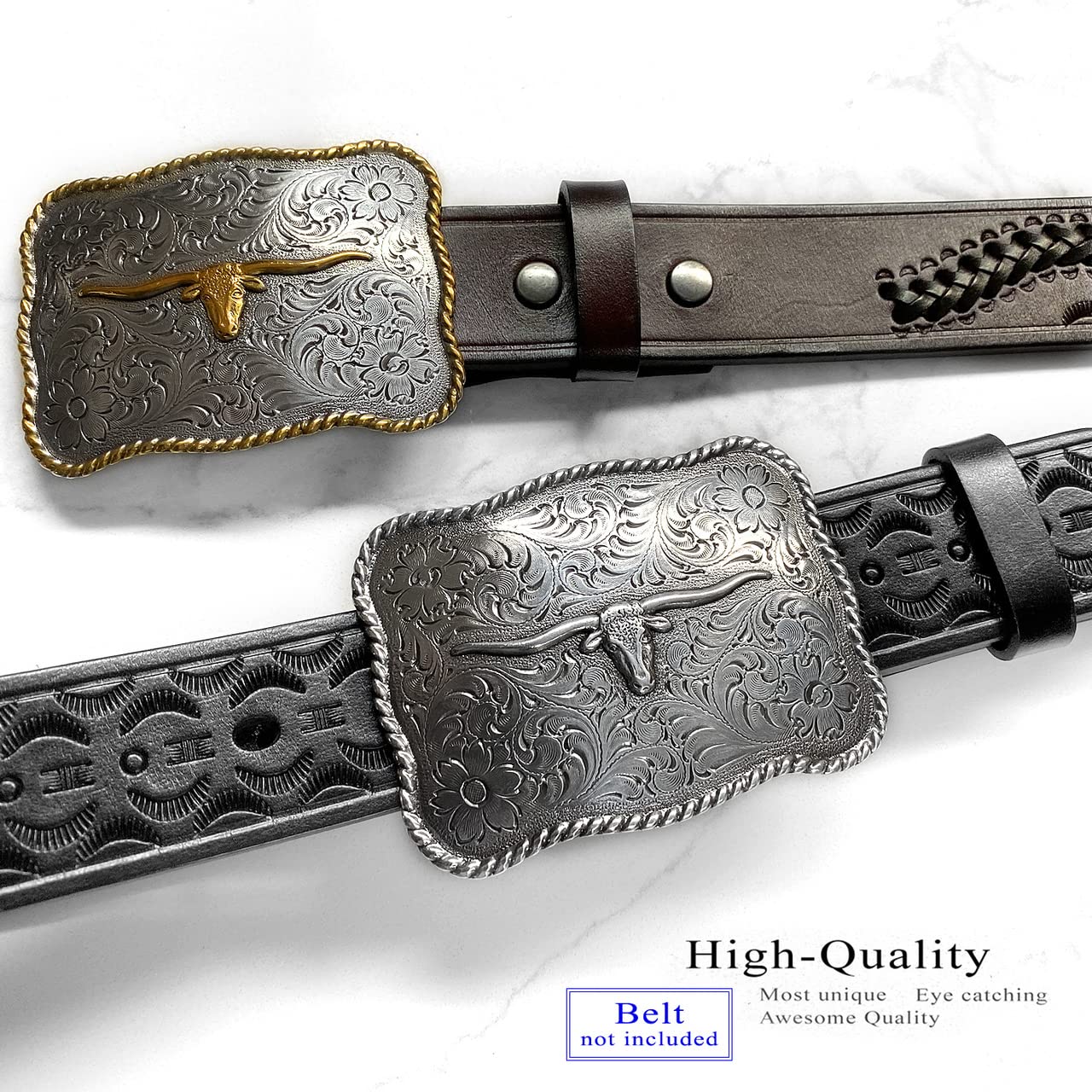 H8143 Western Antique Silver Texas Longhorn Steer Head Belt Buckle (Antique Silver)