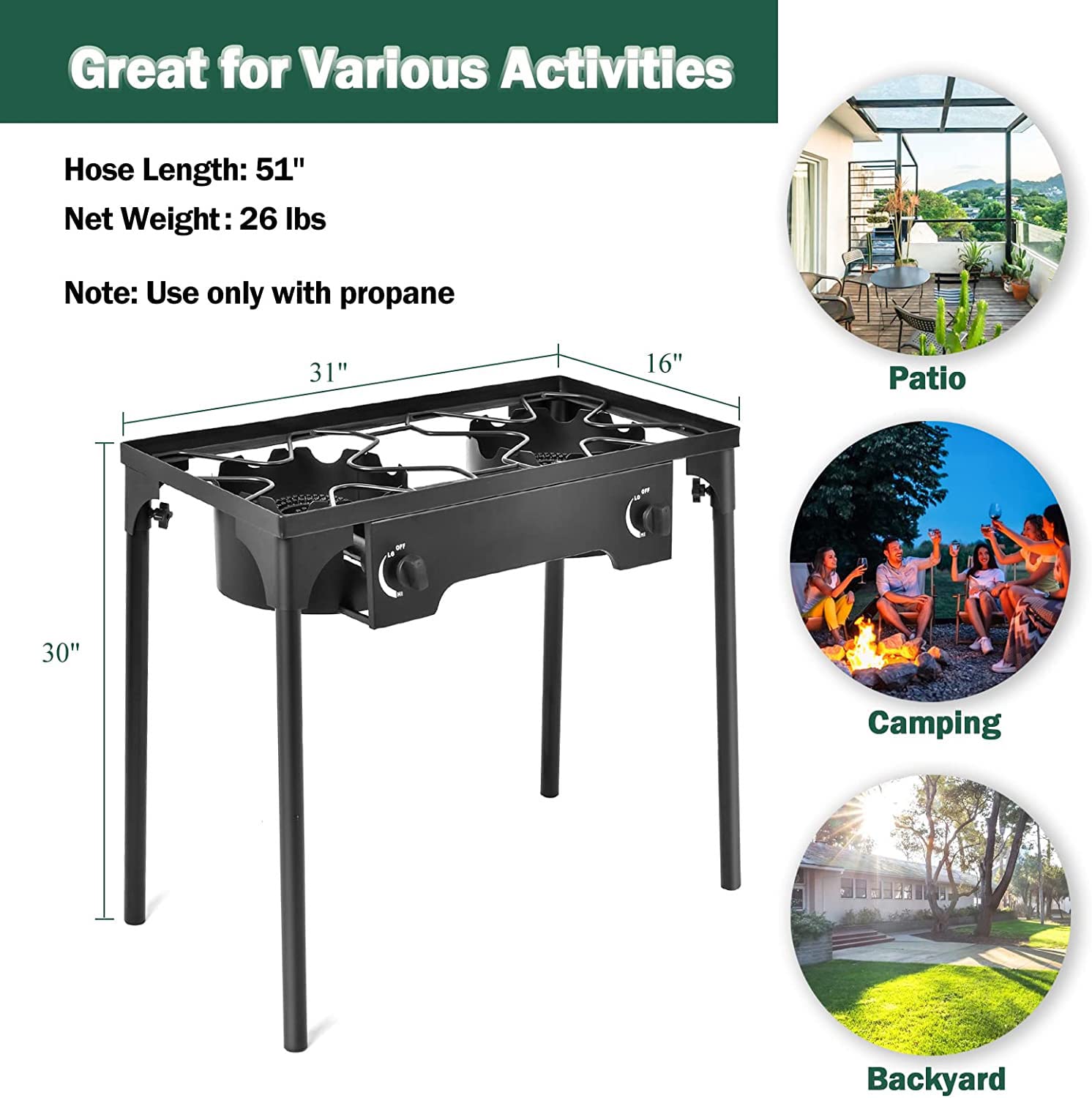 Goplus Outdoor Camping Stove, Dual Burner Propane Gas Cooker w/Detachable Legs & 0-20 PSI Regulator & CSA Approval for Camp Paito RV, Cast Iron, 150,000-BTU