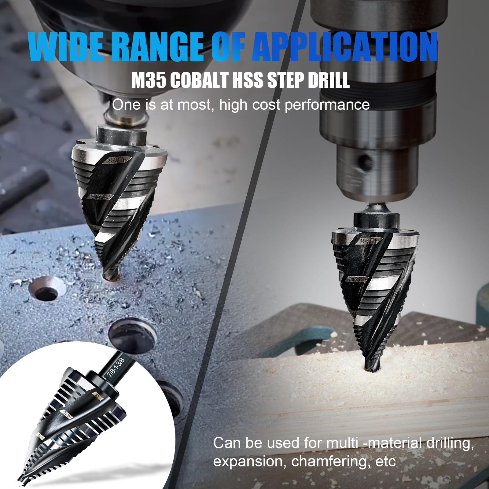 M35 Four Spiral Flute Step Drill Bit Set 1/4" - 1-3/8" (19 Sizes, 1/4" Hex Shank Unibit Step Drill bit, Impact Resistant M35 Cobalt Step Drill Bit, for Stainless Steel, Wood, Aluminum, Plastic