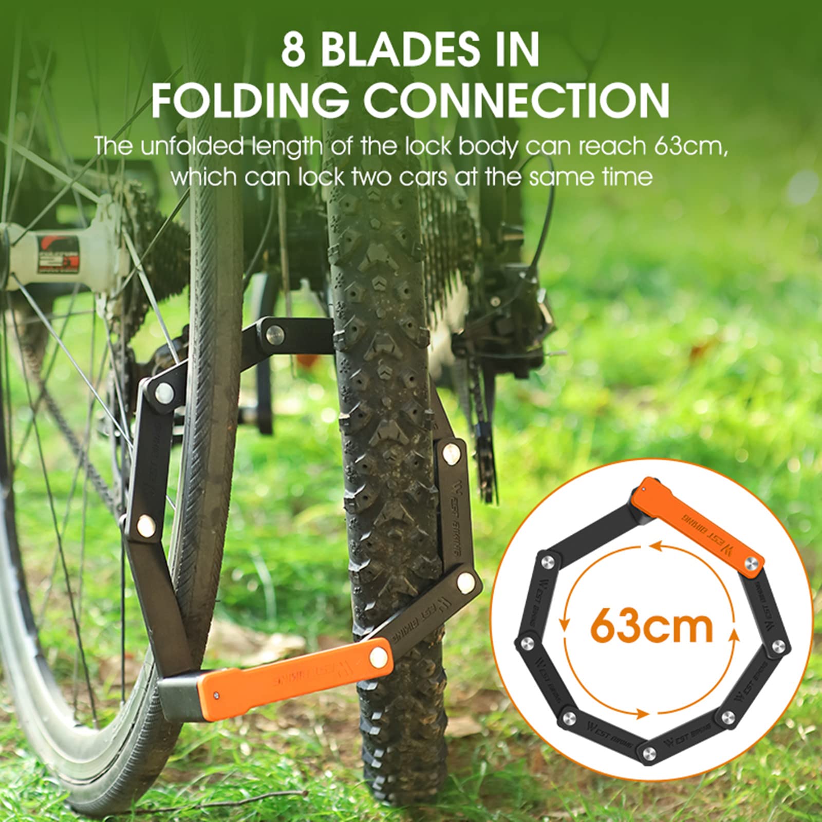 Kingsea Compact Folding Bike Lock,63 Cm Anti Theft Security Bicycle Locks, Bicycle Security Chain Lock with Bracket for Electric Bikes/Scooters Mountain Bike with 3 Keys