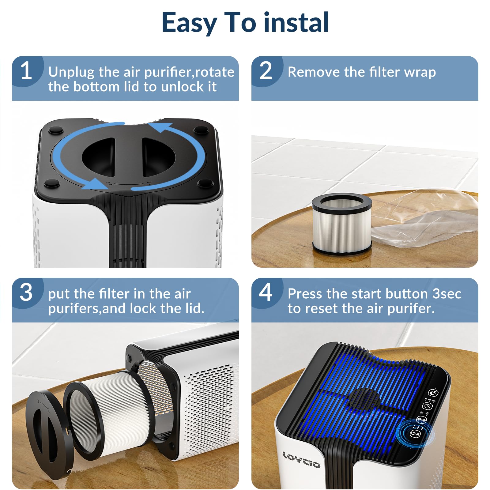 Loytio KJ7 Air Purifier Replacement Filter. Air Purifiers Covers Up to 400 sq.ft Room, 24db Sleep Model, Night Light,3 Timers, with Aromatherapy for Home,Bedroom, Dorm Room, Apartment, Kitchen