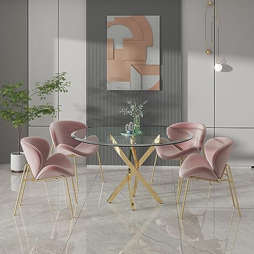 Gnrolaz 5 Piece Dining Set for 4, Glass Kitchen Table and 4 PCS Dining Chair Set for Home, 36'' Round Round Dining Table with Stainless Steel Legs (Gold 36in Table+4 Chairs)