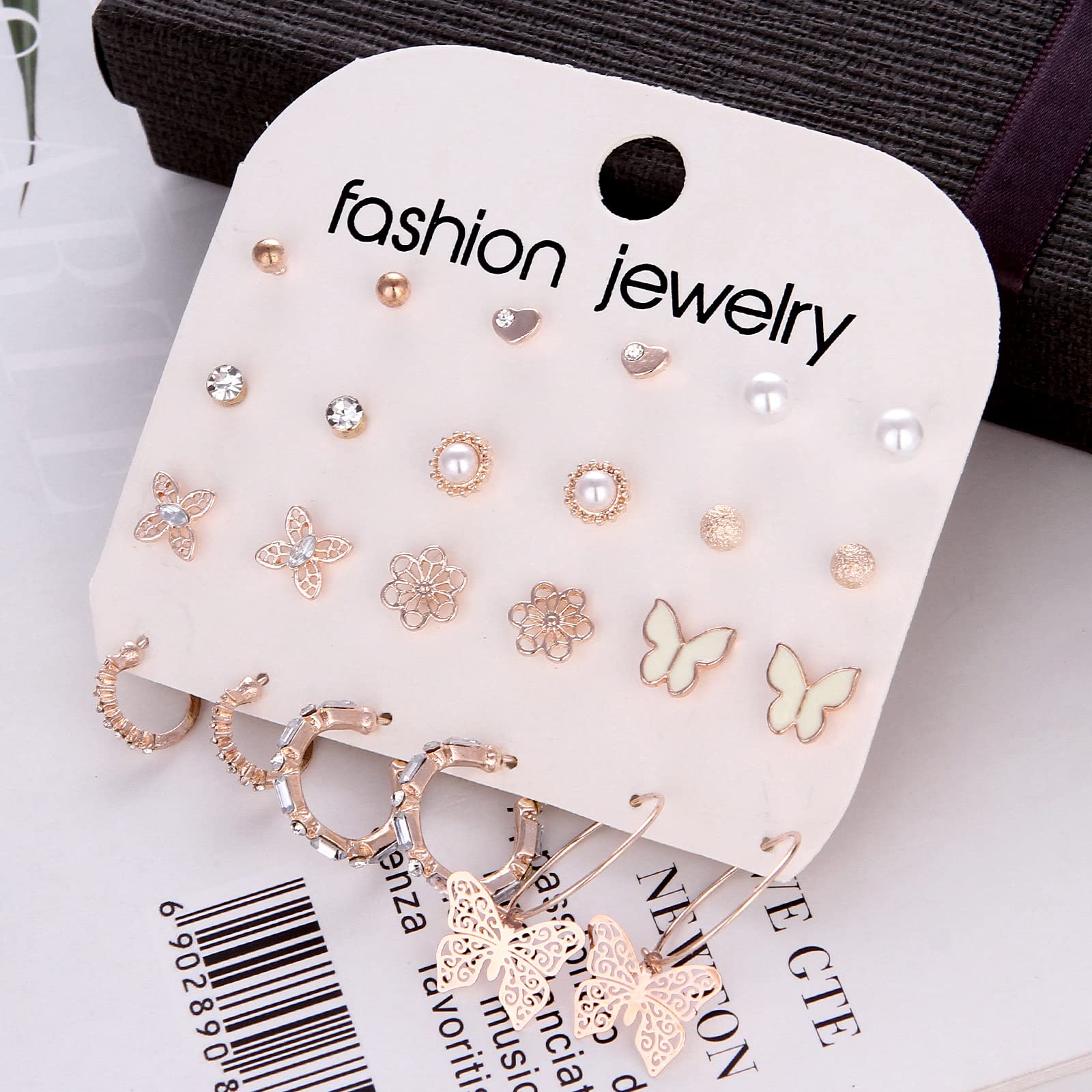 KaHowde Multiple Stud Earrings Set - Cute Earrings Set Mixed Small Stud Hoop Earrings Gift for Women Girls (12PAIRS WHITE EARRINGS SET)