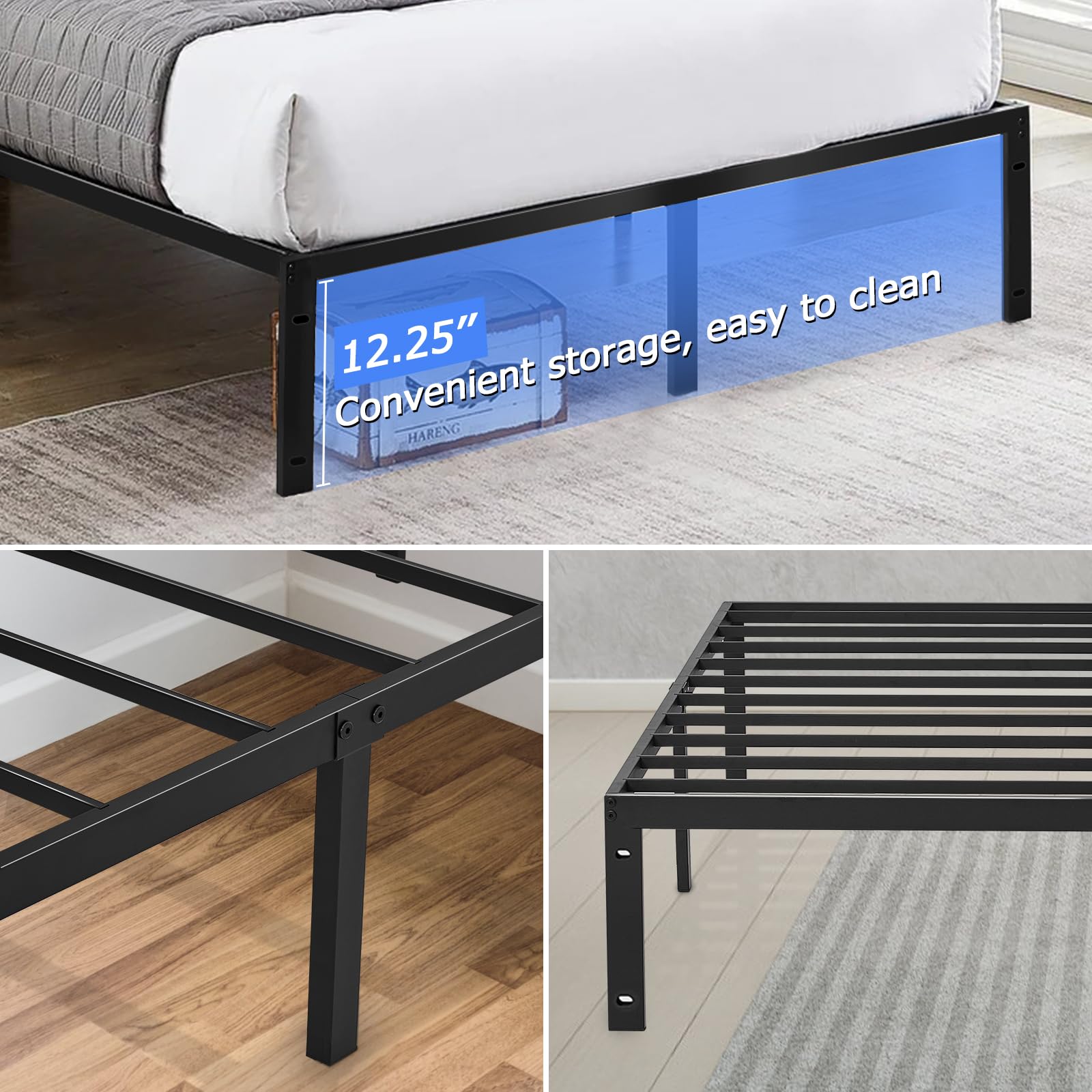 HFFTOO Metal Platform Bed with 9 Leg Base Queen Size Bed Frame with Ten Strong Metal Slats Support Black 79x59x14 Inch Black