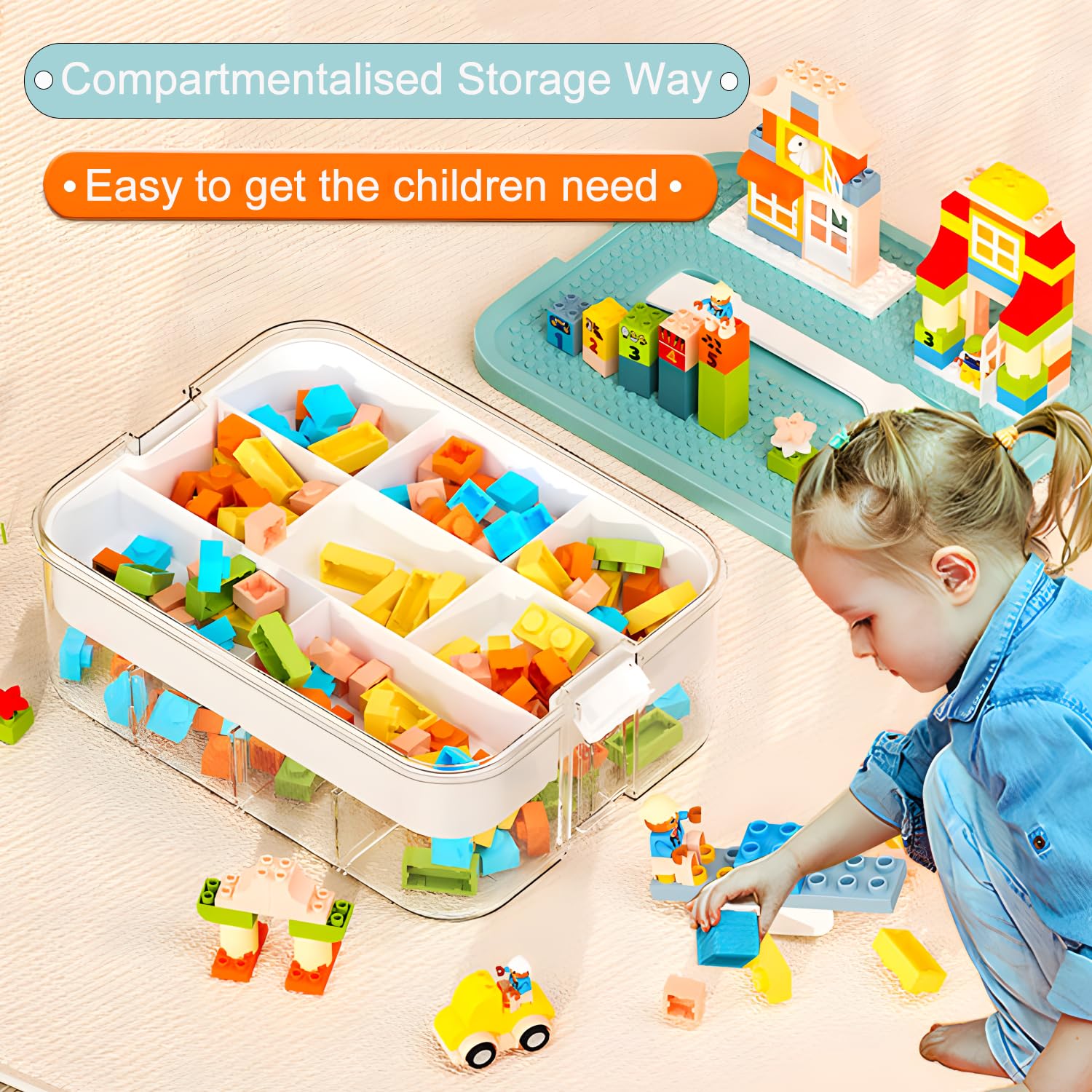 PeoTRIOL 3-Tier Stackable Toy Storage Box with Lid Dividers, Kid Toy Blocks Organizer Container Removable Tray, Plastic Toy Chest Organizer for Baby Nursery Playroom - Toy Blocks Not Included