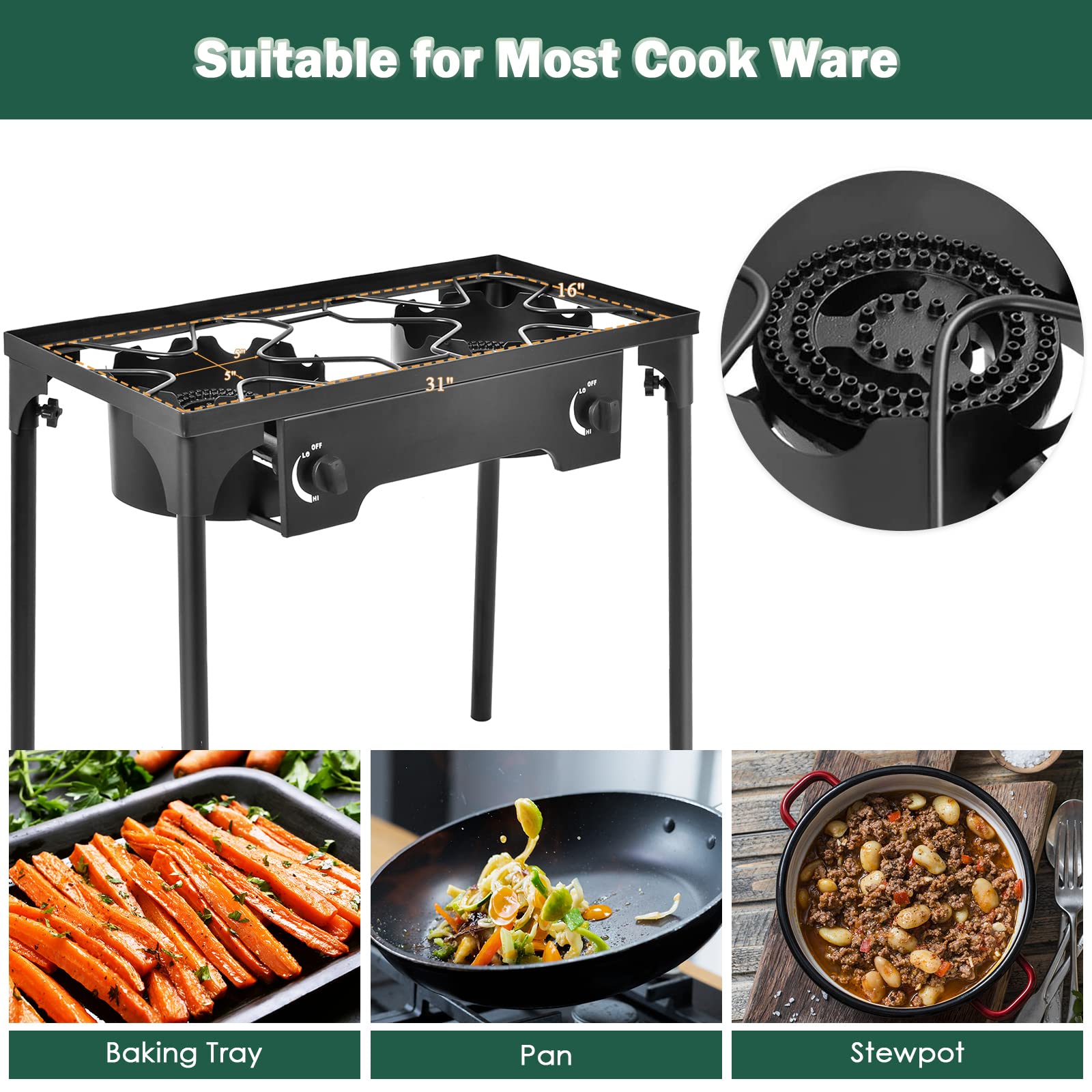Goplus Outdoor Camping Stove, Dual Burner Propane Gas Cooker w/Detachable Legs & 0-20 PSI Regulator & CSA Approval for Camp Paito RV, Cast Iron, 150,000-BTU