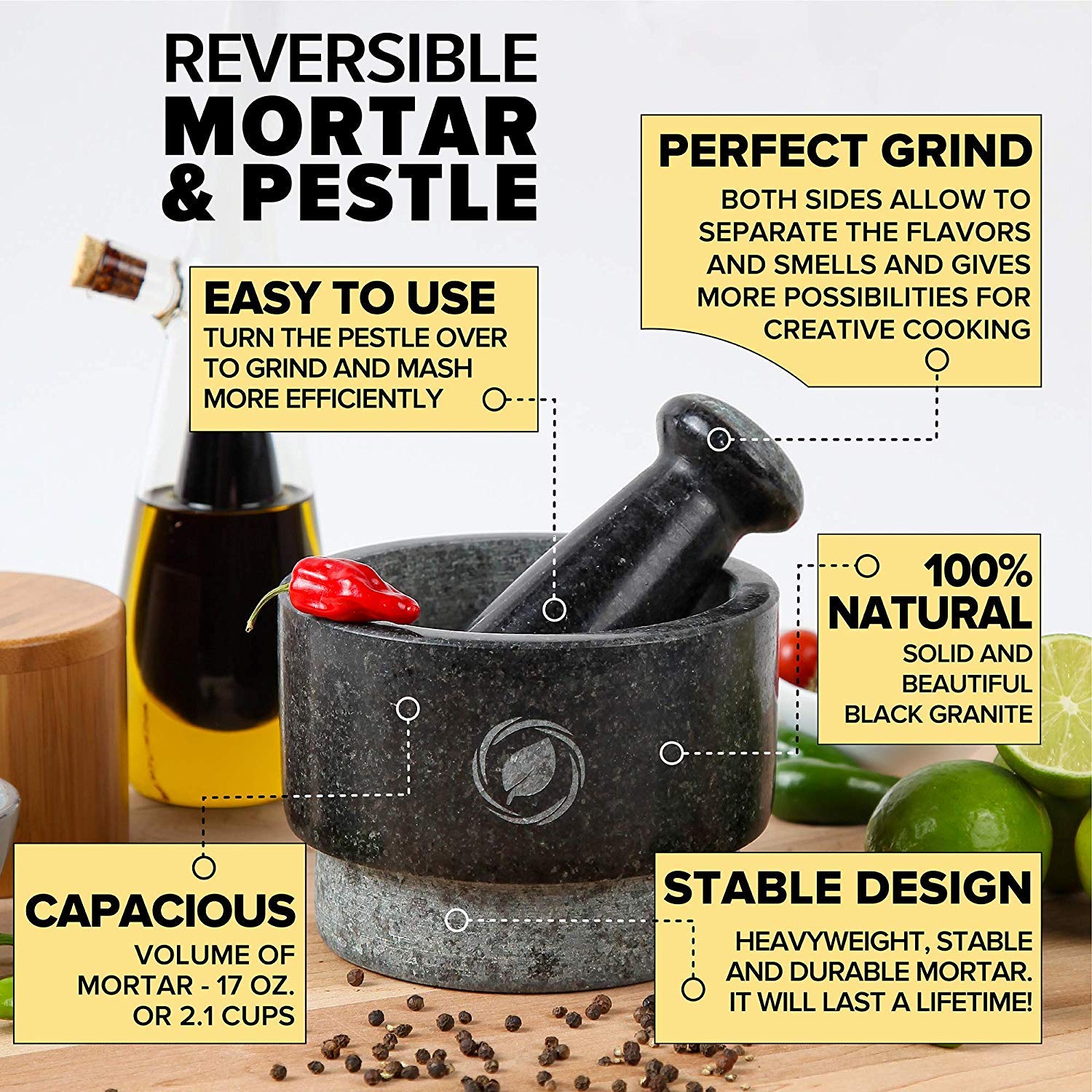 Laevo Mortar and Pestle Large Set - Black Granite Stone Spice Grinder, 2.1 Cup Capacity, 5.5" - Reversible Molcajete Mexicano - Guacamole, Pesto, Spices - Large Mortar & Pestles, Mortar and Pestle Set