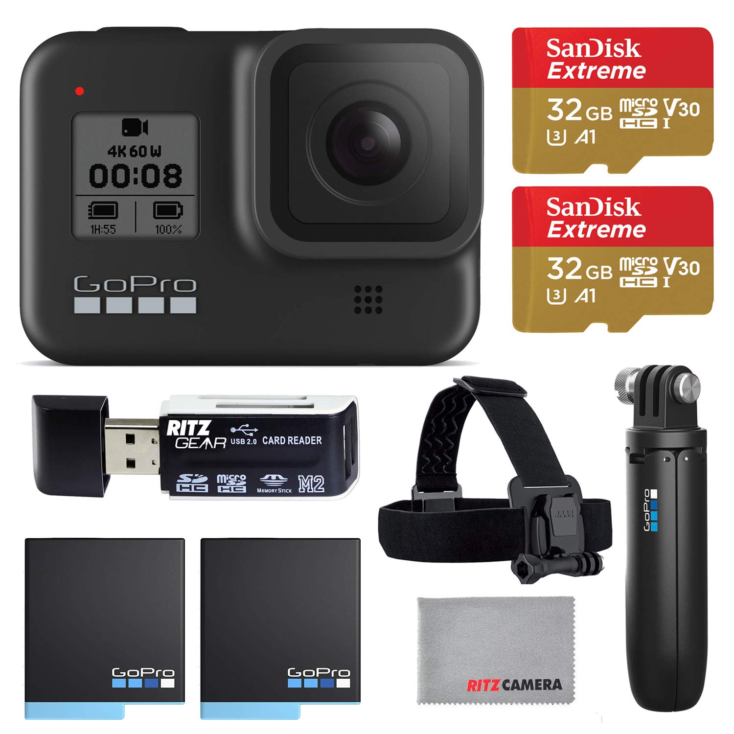 GoPro Hero8 Black Action Camera with GoPro Holiday Accessory Bundle - Two 32gb U3 Memory Cards, Shorty Grip, Head Strap, and 2 Rechargeable Batteries