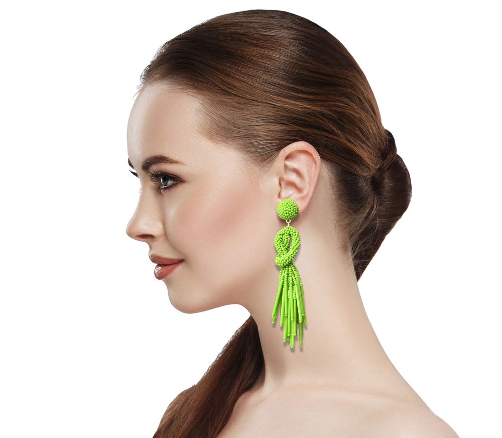 Handmade Beaded Solid Color Post Statement Earrings for Women All Season 4 inch Long (Light Green)