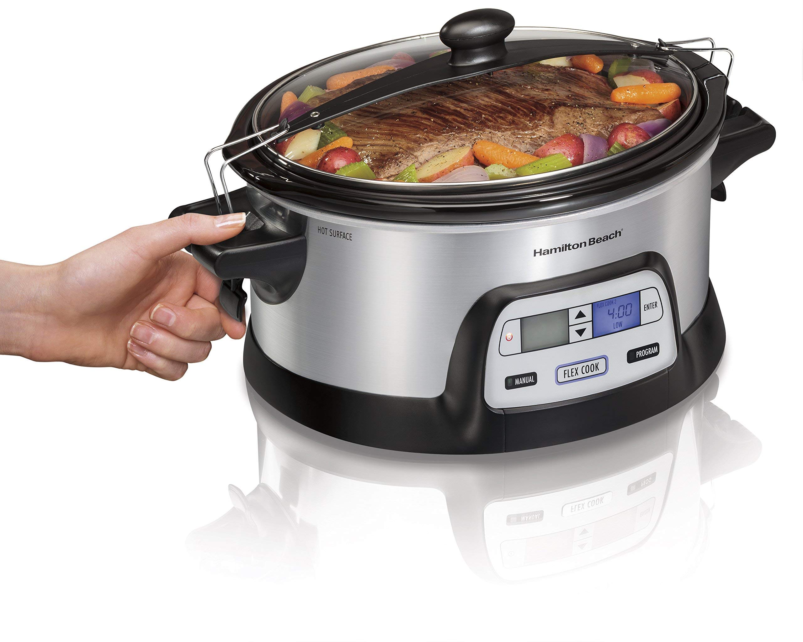 Hamilton Beach 33861 Programmable Slow Cooker, 6 Quart, Dual Digital Timer, Stainless Steel (Renewed)