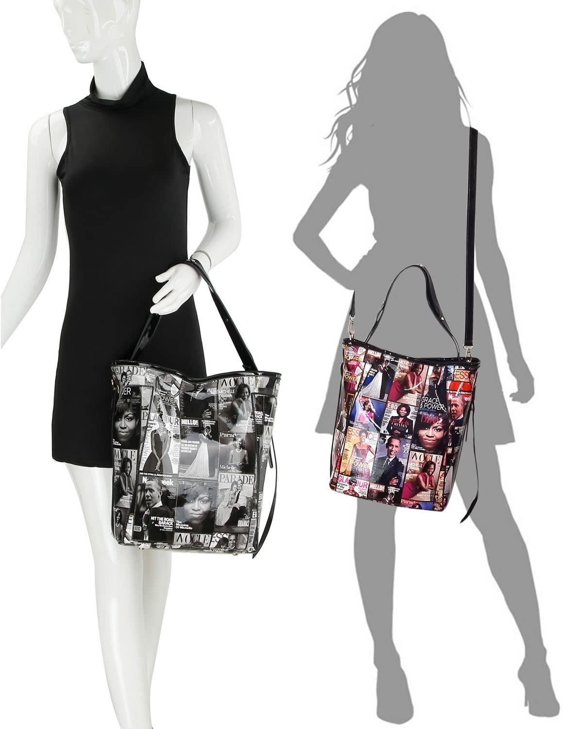 Michelle Obama Magazine Cover Collage Shoulder Bag Wallet Set 2pcs Set (Black/White)