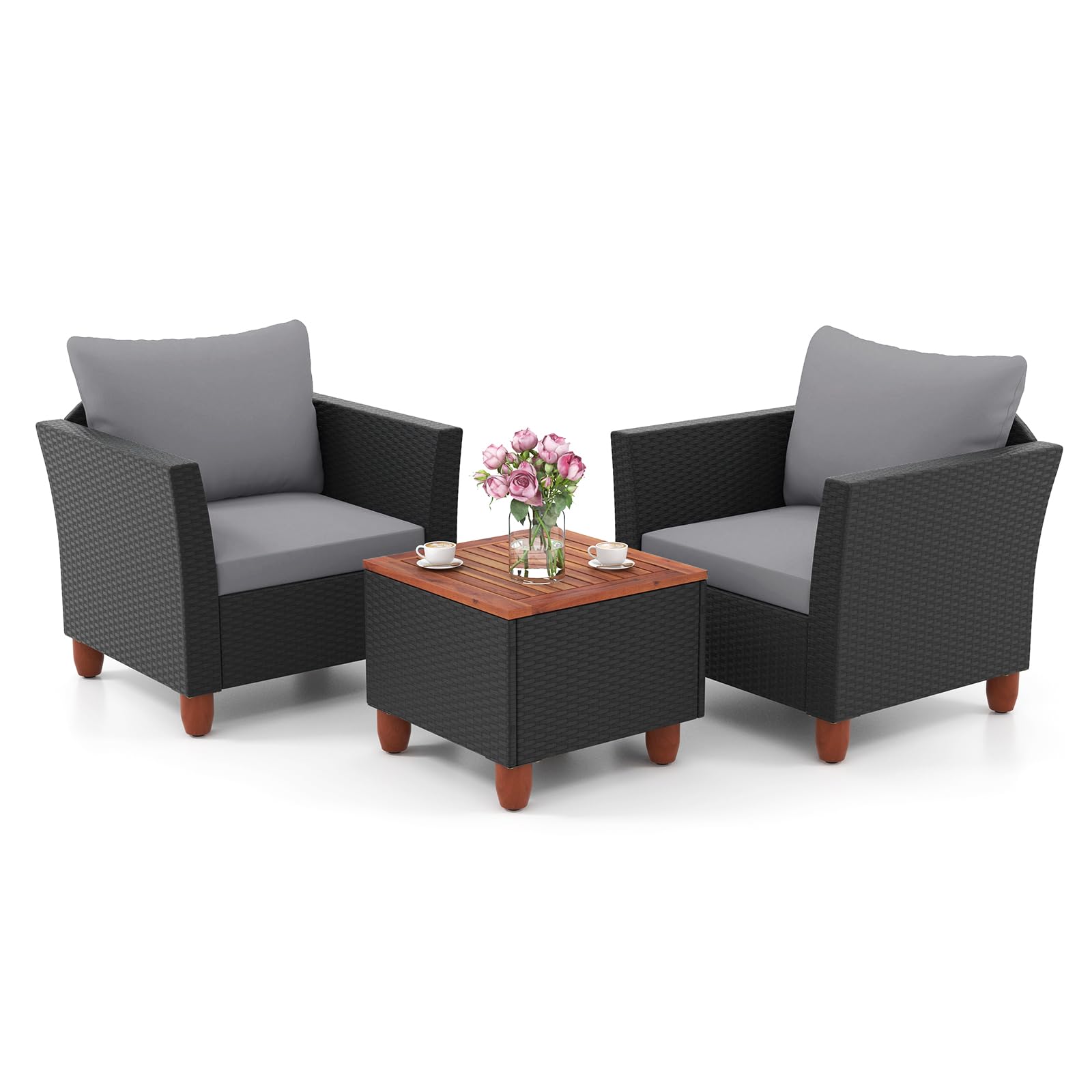 ORALNER 3 Pieces Patio Furniture Set, Outdoor Wicker Conversation Chairs with Cushion, Acacia Coffee Table, Rattan Bistro Set for Balcony Garden Backyard Front Porch Poolside (Grey)