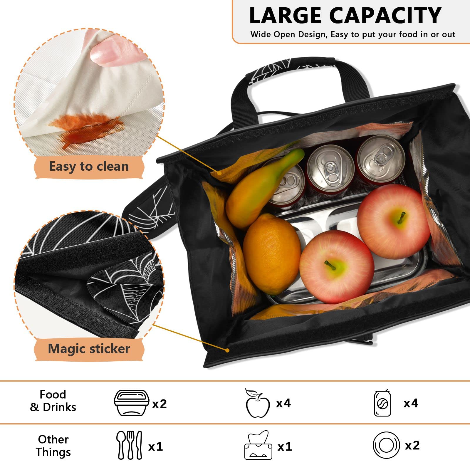 Lunch Bag Cooler Bag Thermal Insulated Men Women Travel School Work Spider Web Black Portable Beach Shoulder Strap