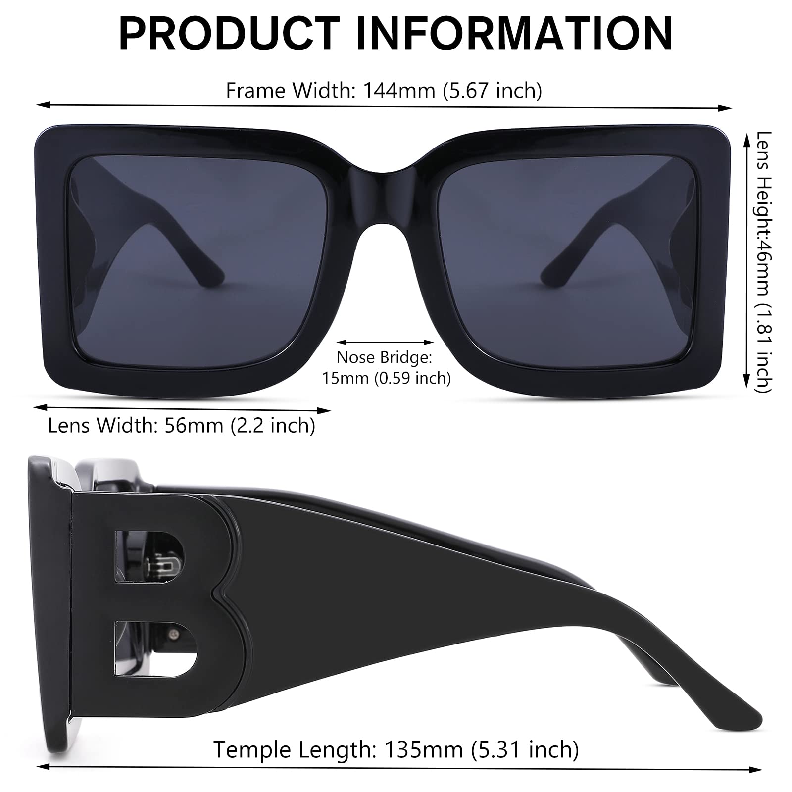 Melpomenia Trendy Oversized Square Sunglasses for Women Men Fashion Black Thick Big Frame Luxury Designer Sun Glasses (Black/Grey/Black Character)
