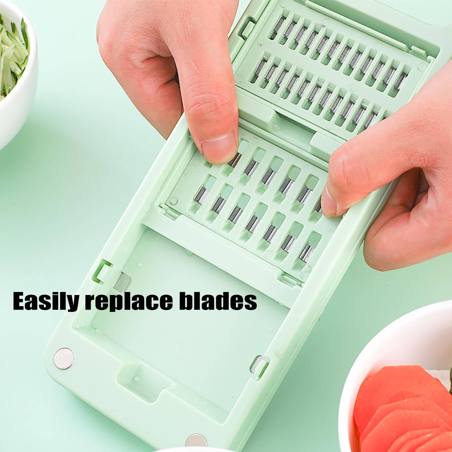 GMELOV Mandoline Slicer for Kitchen, 6-in-1 Multi Functional Food Chopper Vegetable Cutter with Container, Adjustable Onion Cutter Veggie Slicer Cheese Grater Garlic Grinder with 6 Blades（Green）