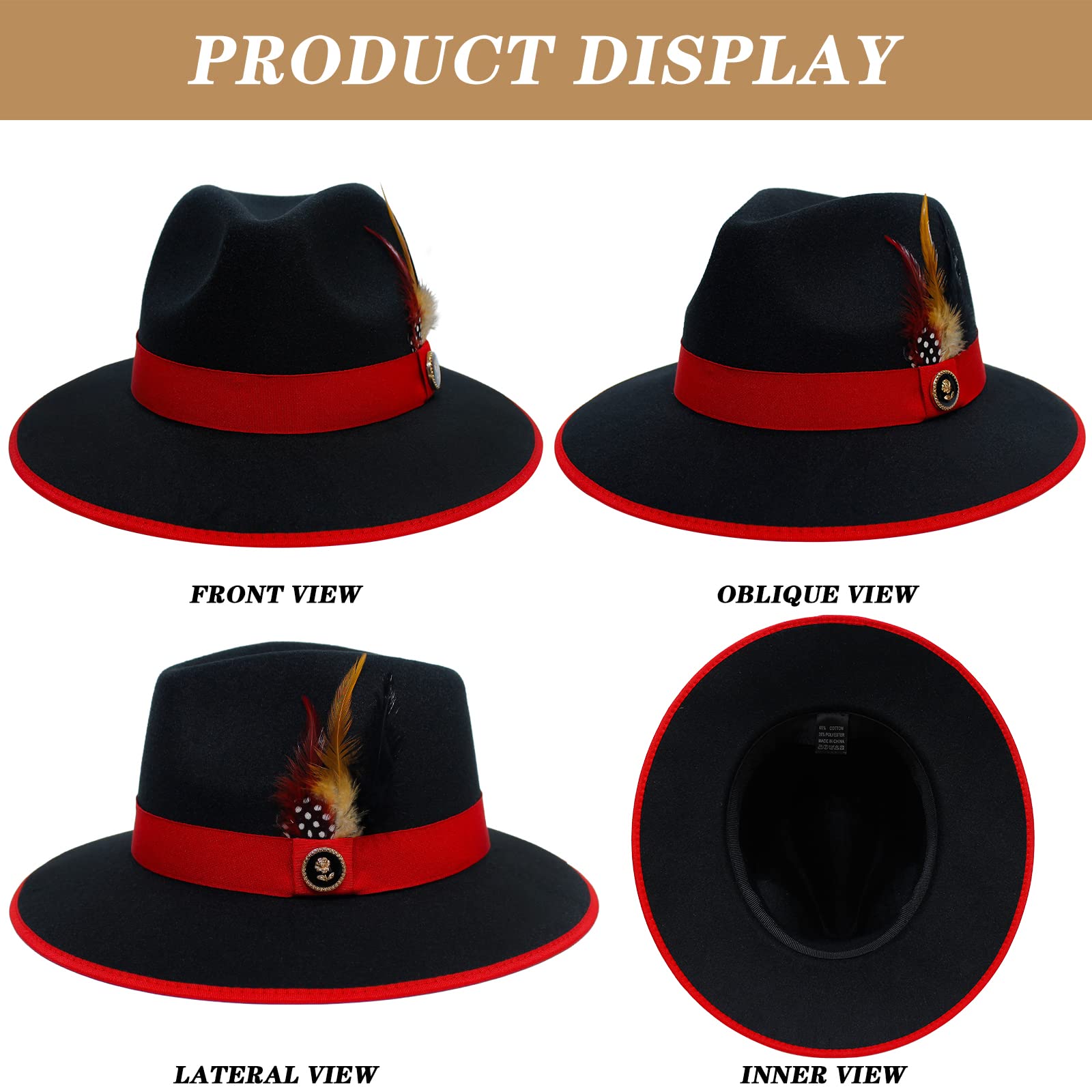 Kalerona Black Fedora Hat for Men & Women Red Trim with Band and Feathers and Decorative Buckle