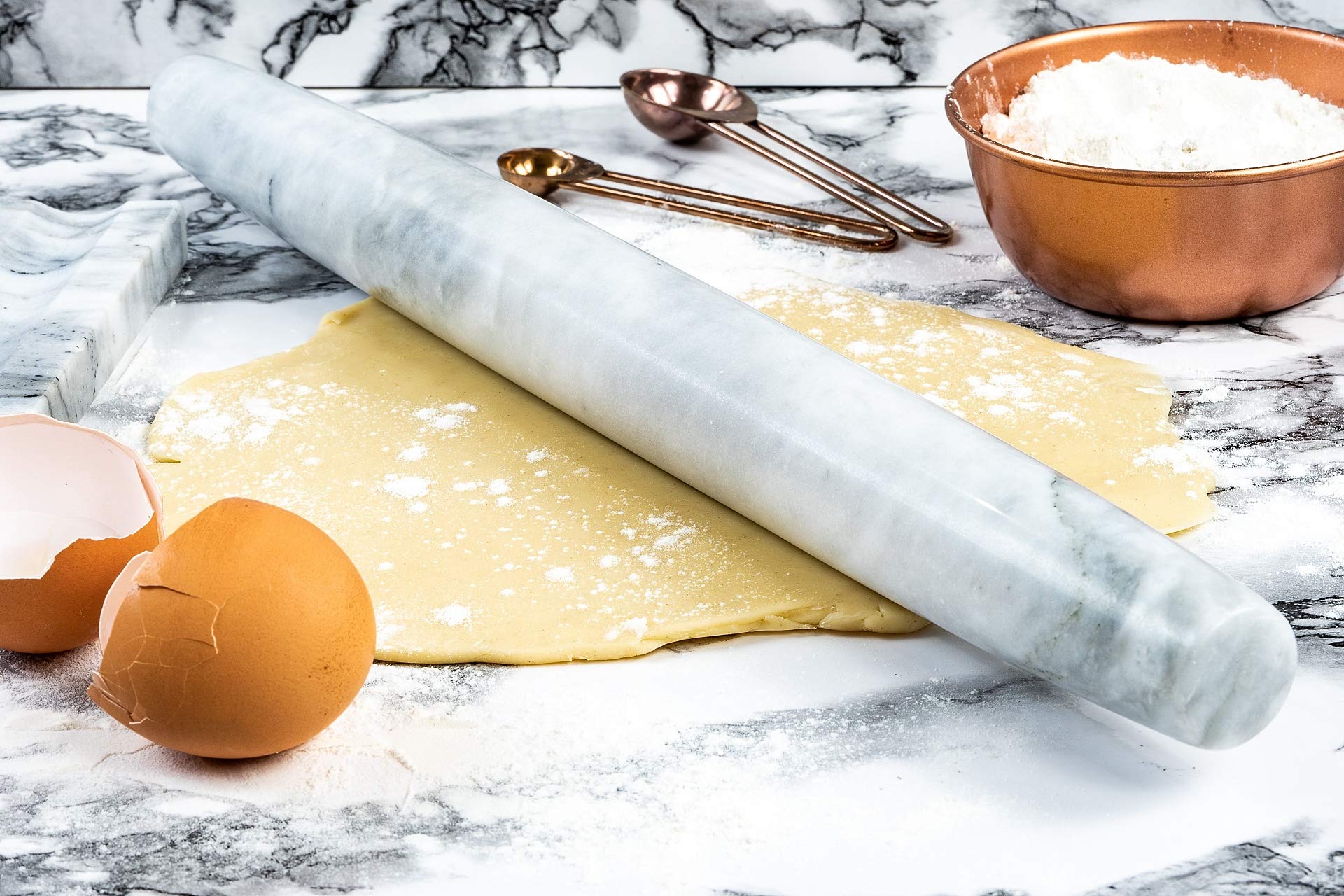 Marble French Rolling Pin for Baking Pizza Dough, Pie & Cookie With Stand - Nonstick Essential Kitchen utensil tools gift ideas for bakers 16" inch Pins (White Marble)