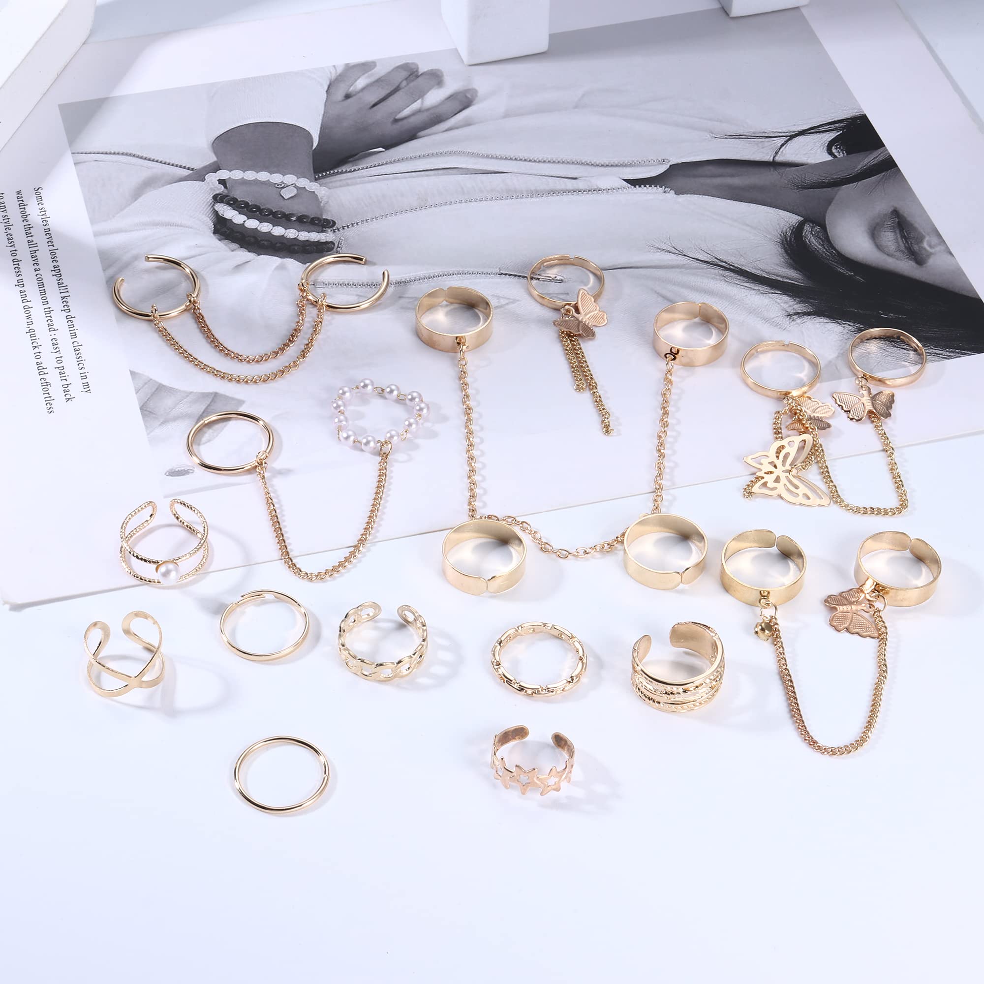 Jstyle 14Pcs Gold Knuckle Stackable Rings Set for Women Gothic Punk Chain Finger Rings Hip Hop Stackable Vintage Rings Set