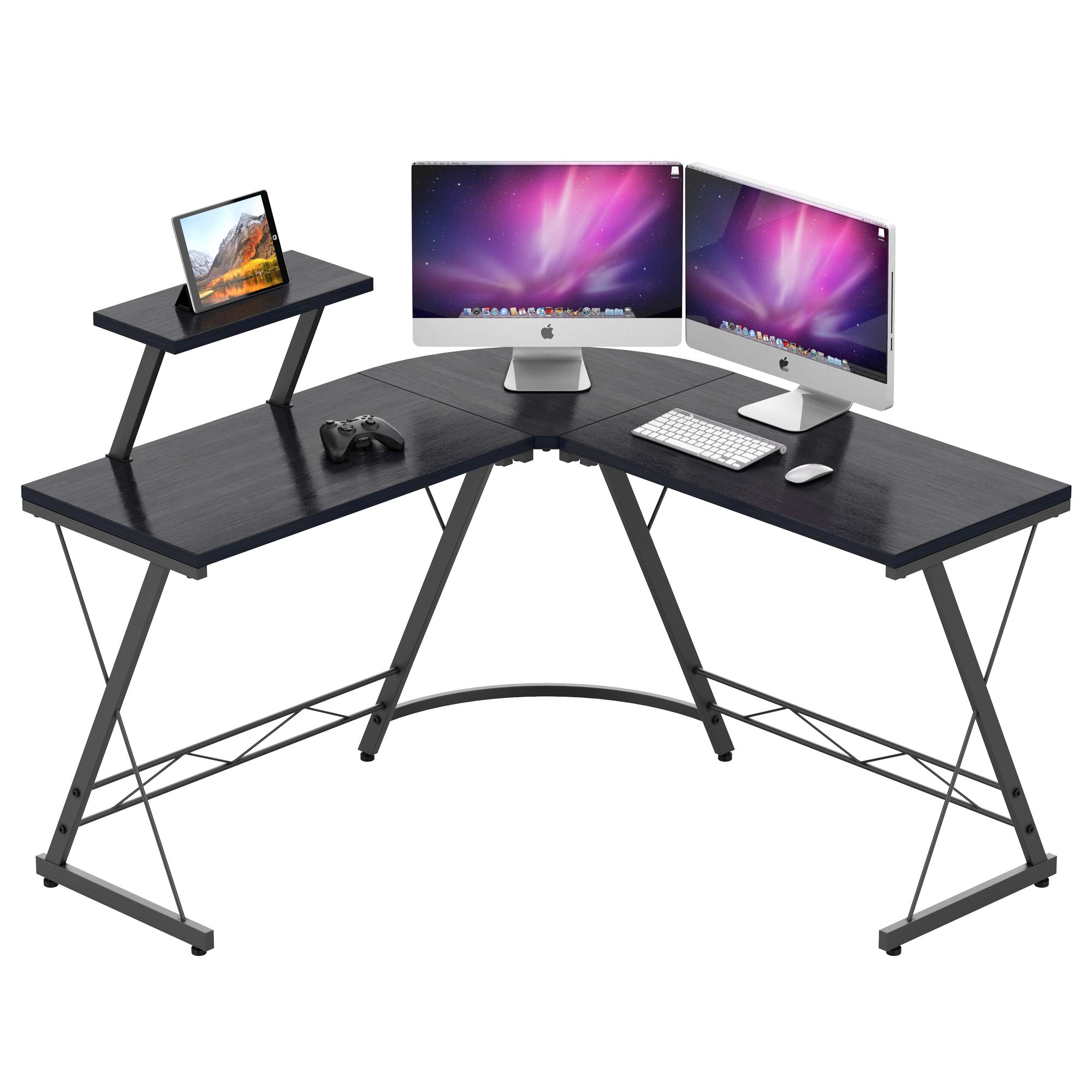 IDEALHOUSE L Shaped Computer Desk, Corner Home Office Desk, Space Saving Gaming Computer Desk PC Table Workstation with Large Monitor Stand, 50.59x50.59x29.33inch (Black)