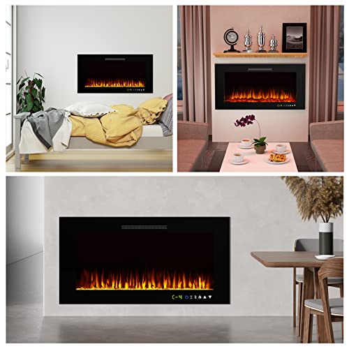 Hykolity 36 inch Electric Fireplace Inserts, 750/1500W Recessed and Wall Mounted Electric Fireplace, Electric Wall Fireplace Heater with Remote Timer, Touch Screen, Log/Crystal Hearth Options