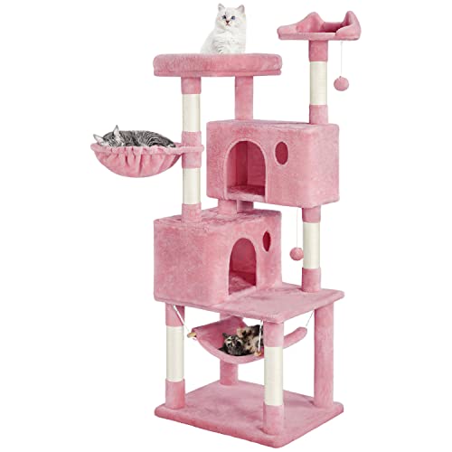 Yaheetech Multi-Level Cat Tree, Large Cat Tower with Condos Platform, Cat House Cat Tree for Medium Cats Pink, 64.5in