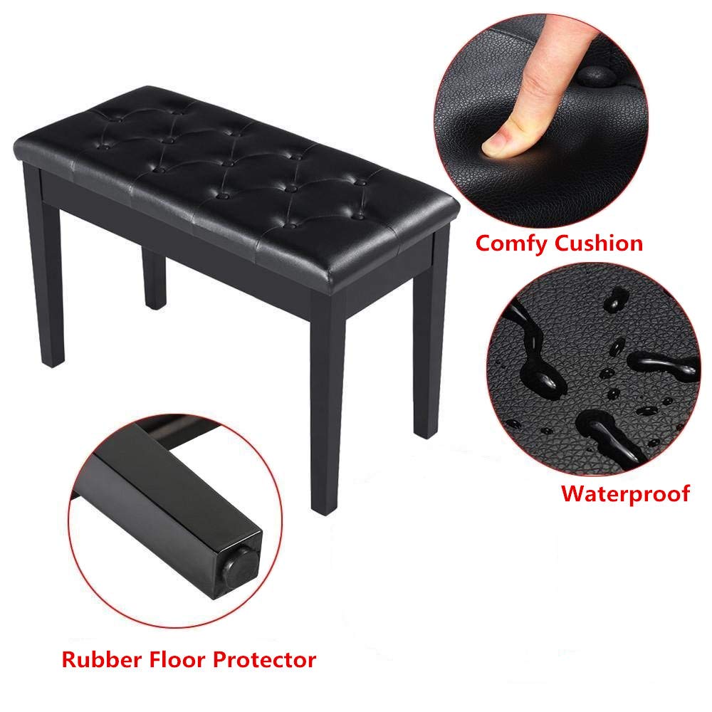 Haicool TOYEEKA Black 29'' Solid Wood PU Leather Double Duet Piano Stool Keyboard Bench with Storage, Load 440lb