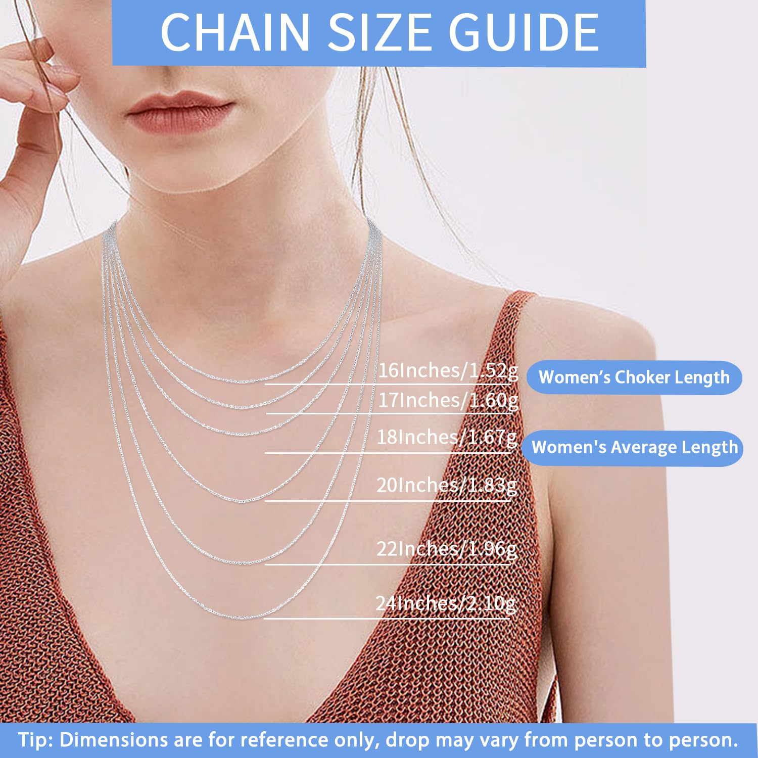 Jewlpire Solid 925 Sterling Silver Chain Necklace for Women, 1.3mm Round Cable Chain Silver Chain for Women Thin & Dainty & Sturdy Women's Chain Necklaces 18 inch