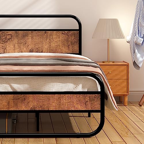 Vecilla Twin XL Bed Frame with Wood Headboard and Footboard, 12 inch Heavy Duty Platform Bed Frame No Box Spring Needed, Non Slip Mattress Foundation, Easy Assembly, Noise-Free, Rustic Brown