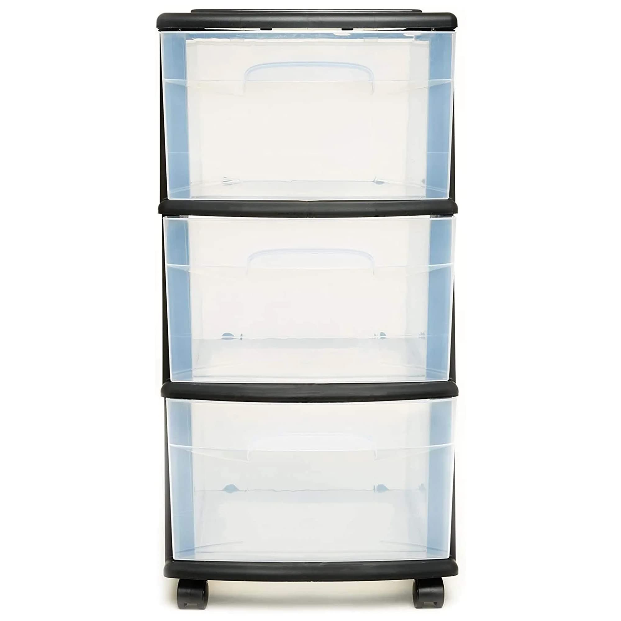 Homz Plastic 3 Clear Drawer Medium Home Organization Storage Container with 3 Large Drawers w/Removeable Wheels, Black Frame