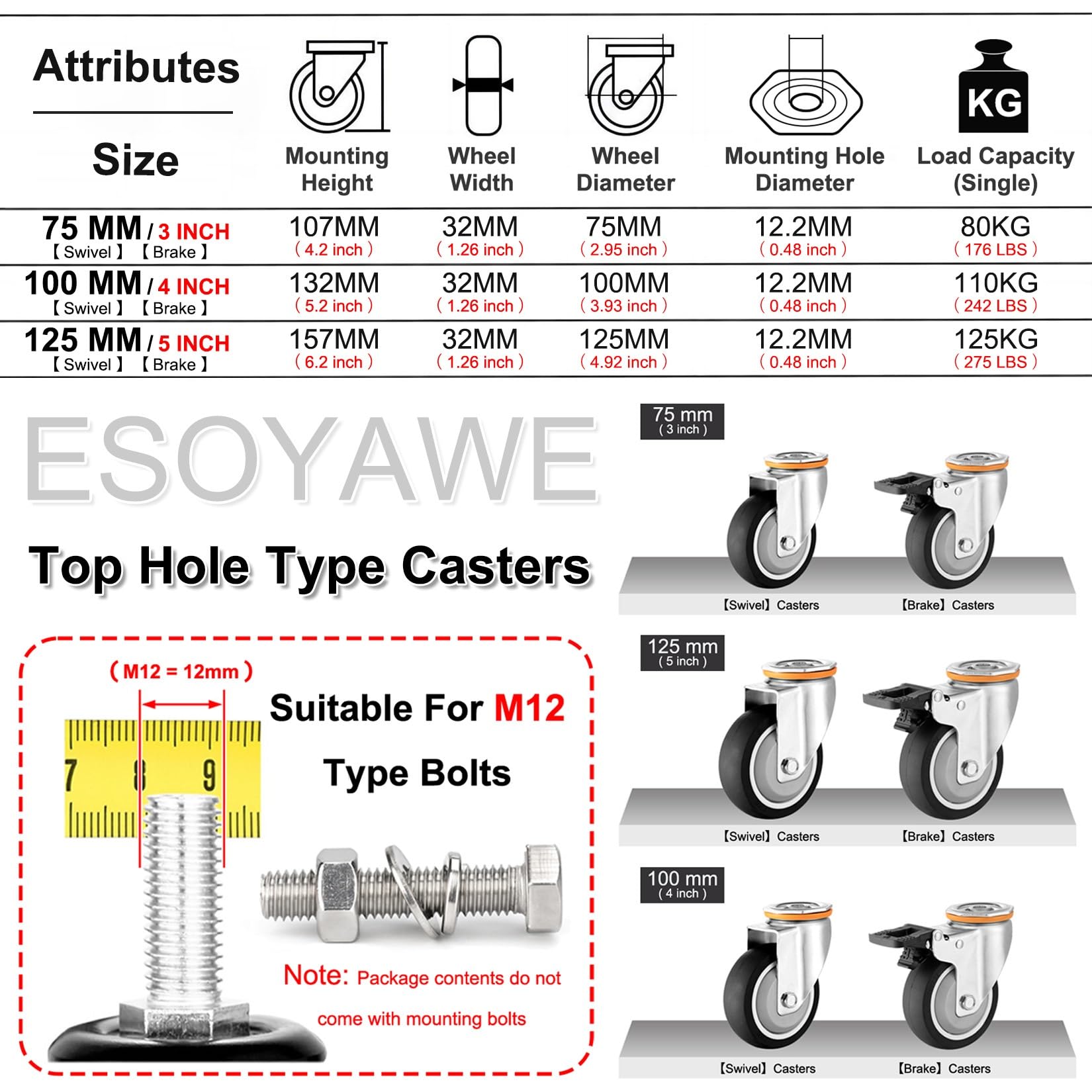 Heavy Duty TPE Rubber Swivel Caster Wheel 4 Pcs, Ø 3in 4in 5in Silent Furniture Replacement Casters, Suitable for M12 Type Bolts Top Hole Type Caster Wheels with Brakes