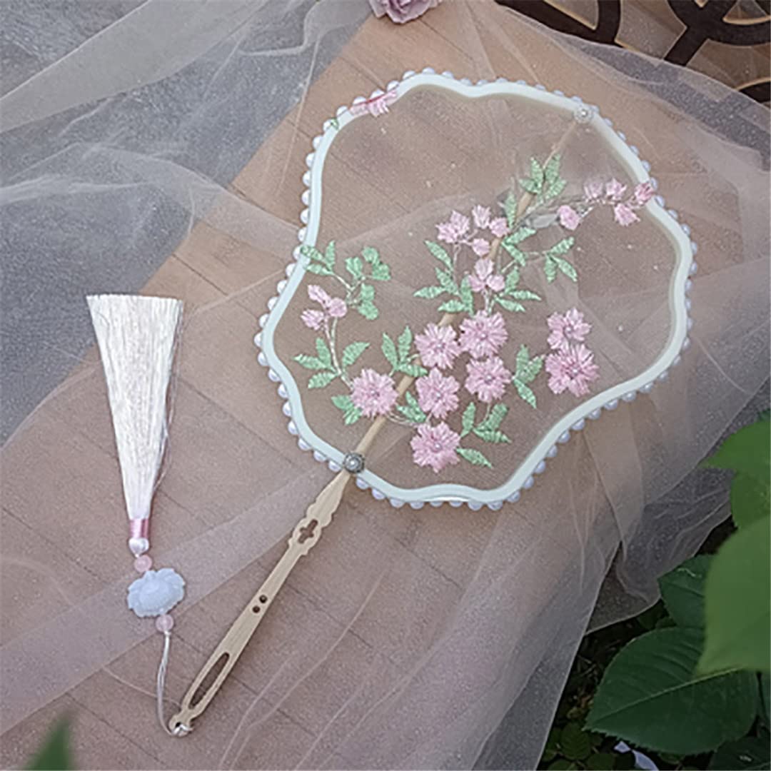 Lmtossey Chinese Traditional Embroidery Hand Fan Vintage China Ancient Costume Han Fu Dance Cheongsam Fan Long Handle Performance Props