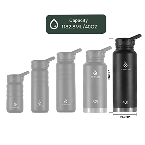 IDEUS Insulated Stainless Steel Water Bottle with 2 Leak-Proof Lids, Thermal Water Flask for Hiking Biking, 40oz, Green