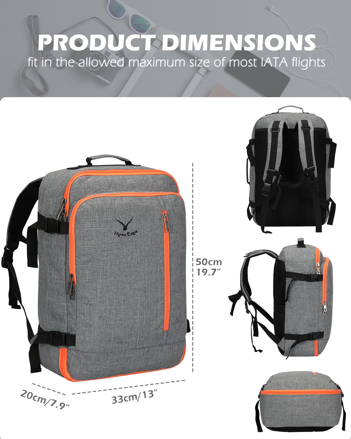 Hynes Eagle Carry on Backpack 38L Large Travel Backpack for Women Flight Approved Weekender Bag Laptop Backpack Men 15 inches Orange Grey with Black Grey