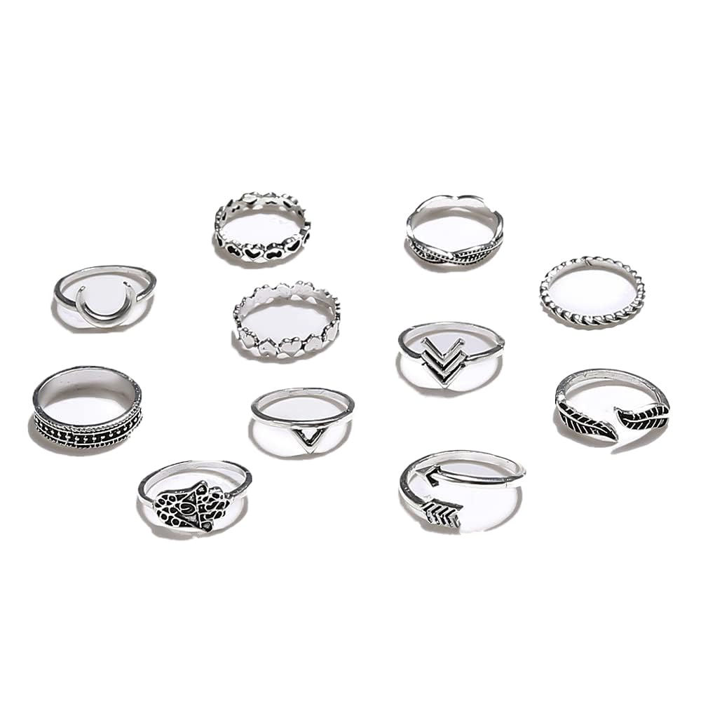 Jumwrit Bohemian Knuckle Rings Set Vintage Finger Rings Set Midi Rings Love Heart Ring Index Rings Silver Band Ring Stackable Rings for Women(11PCS)
