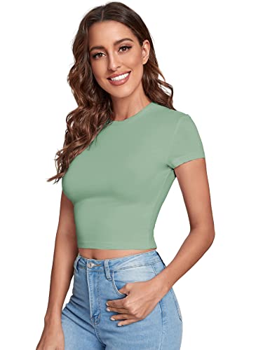 Verdusa Women's Casual Basic Cap Sleeve Slim Fitted Round Neck Crop Tee Top Mint Green M