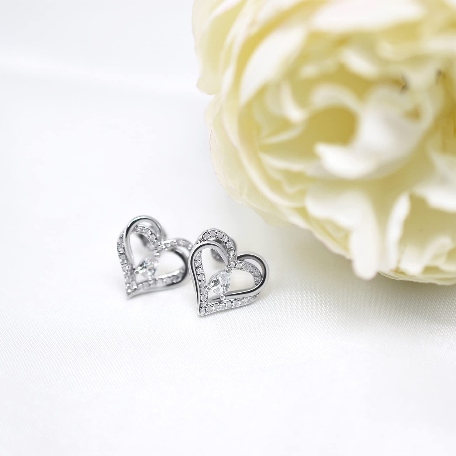 Heart Stud Earrings for Women - Sterlings Silver Hypoallergenic Cubic Zirconia Double Heart Shaped Earrings Gift for Mom Her Wife Lady,White