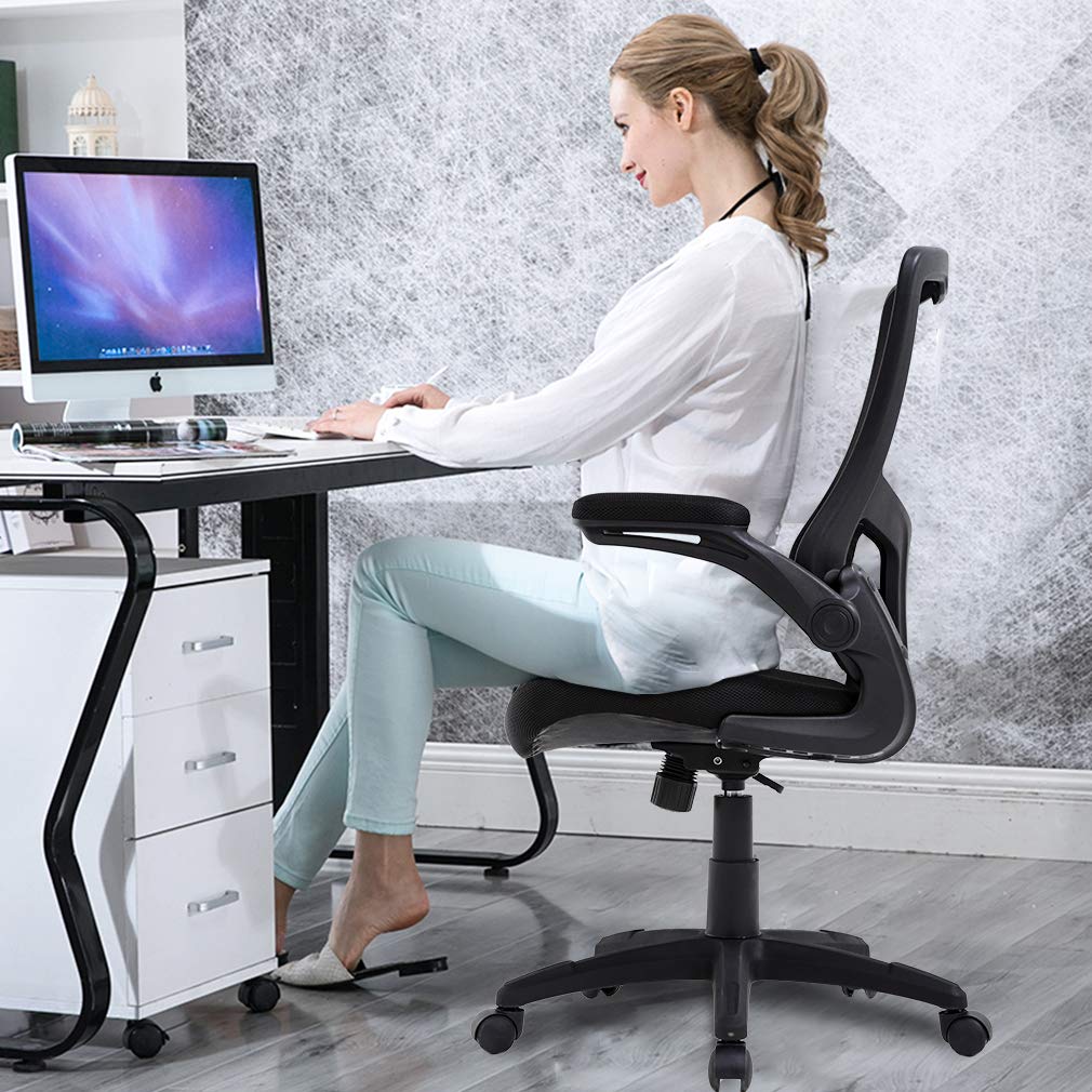Home Office Chair Desk Chair Mesh Computer Chair with Lumbar Support Flip Up Arms Modern Task Chair Adjustable Swivel Rolling Executive Mid Back Ergonomic Chair for Adults, Black