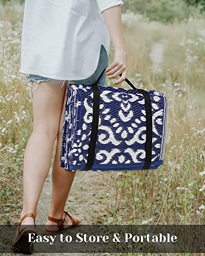 HOMEIDEAS Outdoor Rug, Waterproof Patio Plastic Straw Rugs, RV Reversible Camping Mat, Portable Area Rugs for Outdoors, Camping, Picnic, Beach, Backyard, Deck, Trailer, Navy Blue & White, 5' x 8'