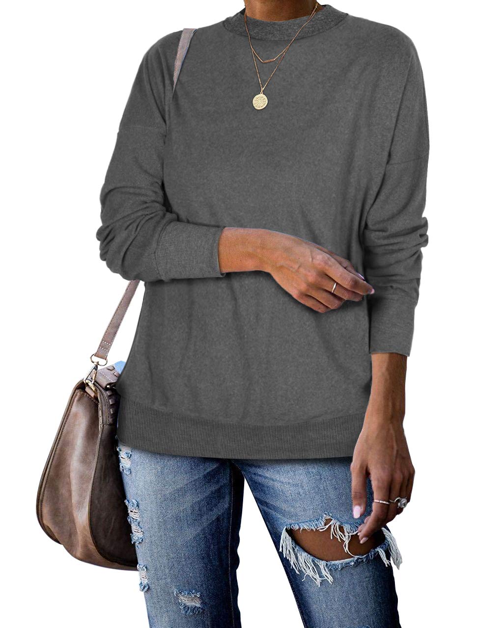Jescakoo Crewneck Sweatshirt Women Casual Oversized Tops Pullover Winter Grey L