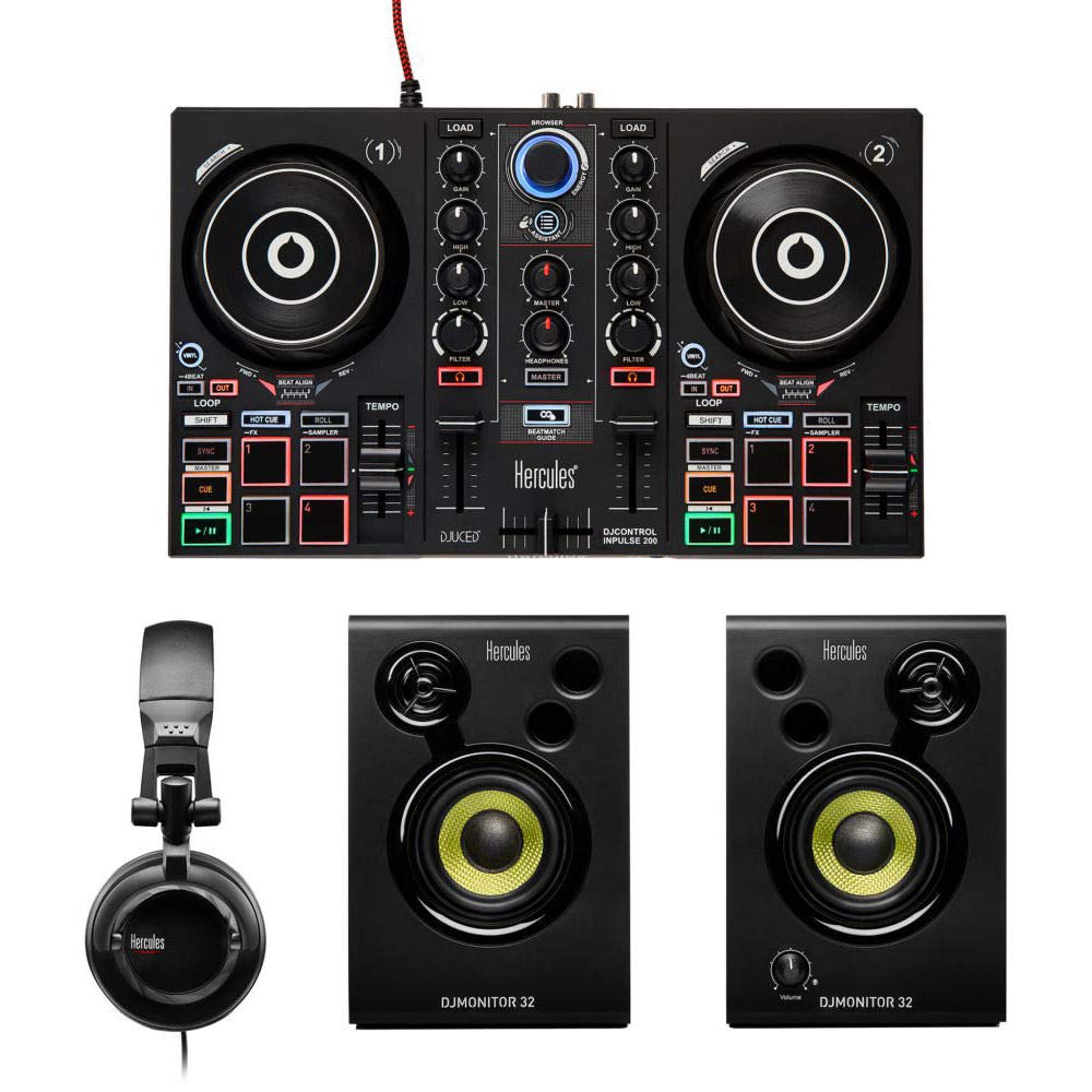 Hercules All-In-One DJLearning Kit with DJControl Inpulse 200 Compact DJ Controller, DJMonitor 32 & HDP DJ45 Headphones + Xpix Headphone Case, Xpix Headphone Hanger & Monitor Isolation Pads