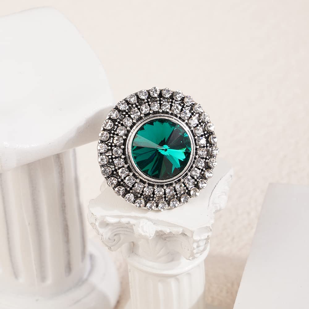 Jumwrit Vintage Knuckle Ring Open Band Ring Silver Rhinestone Ring Big Round Ring Adjustable Finger Ring Carved Ring Indian Ring for Women(Green)